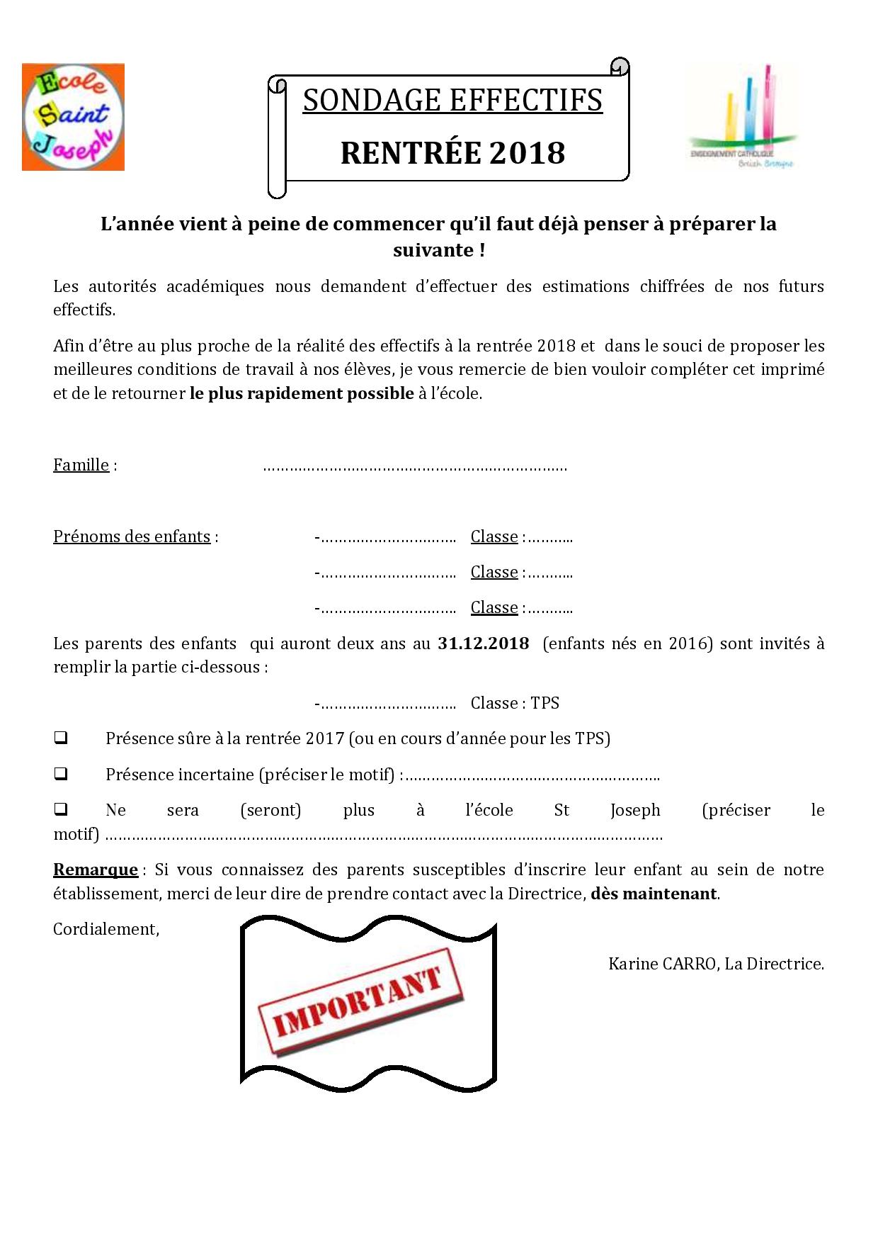 Sondage familles: rentrée 2018 | Ecole Saint Joseph